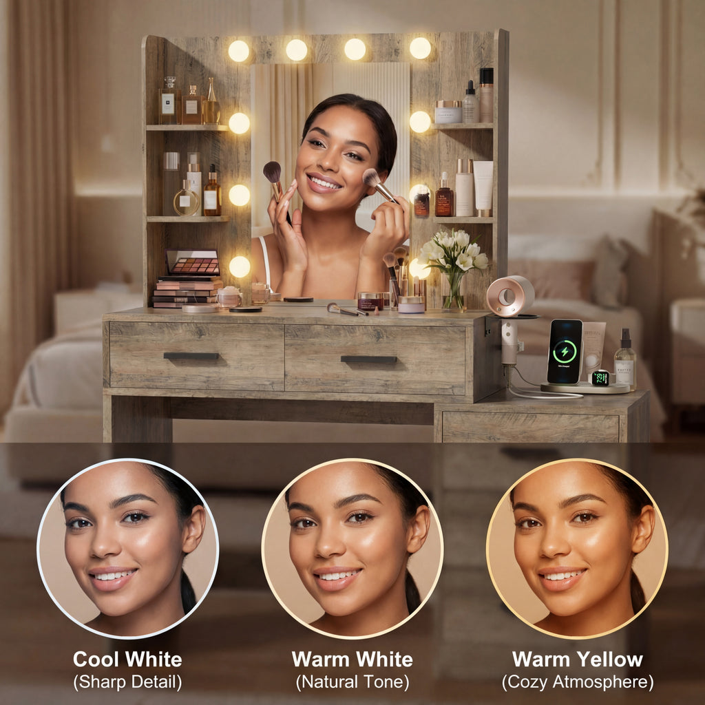 Homall Makeup Vanity Desk with LED Lights, Mirror & Power Outlet, Dres ...