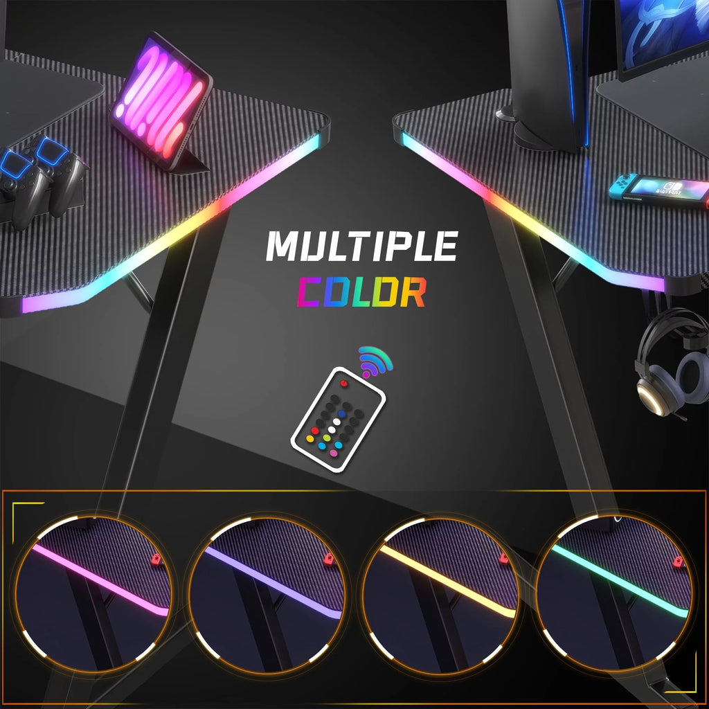 Homall 47 Inches Z-Shaped Gaming Desk with RGB Lights, Carbon Fiber De ...