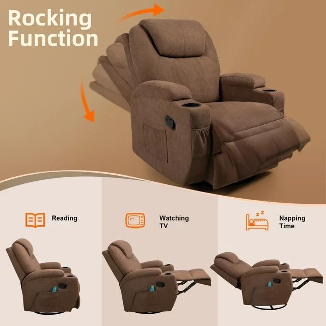 Homall Swivel Rocker Recliner with Massage and Heat, Brown Fabric ...